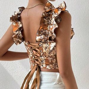 Tops | Floral Print Bustier Corset Lace Up Cropped Top | Poshmark